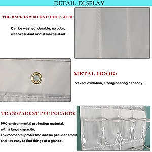 Over The Door Hanging Shoe Organizer with 24 Large Crystal Clear PVC Pockets Hanging Shoe Organizer and 3 Metal Hooks for Storage Men's Sneakers, Bathroom Toiletries, Slippers and Kids Toys (Grey)