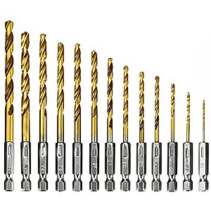 Titanium Twist Drill Bit Set - 13 Pcs Hex Shank High Speed Steel， Premium 4341 HSS Titanium Impact Hex Drill Bits for Wood, Steel, Metal, Plastic, Quick Change Design (1/16”-1/4”)
