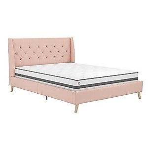 Novogratz Her Majesty Upholstered Linen Bed, Tufted Wingback Design and Wooden Legs, Queen Size - Pink Linen