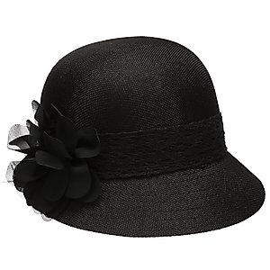 EPOCH Women's Gatsby Linen Cloche Hat with Lace Band and Flower - Black