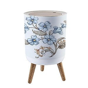 Small Trash Can with Lid for Bathroom Kitchen Office Diaper Vintage spring flower summer blue scroll Victorian frame border floral Bedroom Garbage Trash Bin Dog Proof Waste Basket Cute Decorative