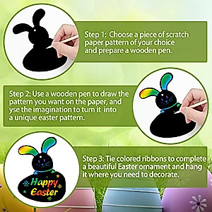 GOMANCHE 48 Pcs Easter Scratch Crafts for Kids, Rabbit Bunny Carrot Easter Egg Rainbow Scratch Paper Ornaments with Wooden Stick and Ribbon for Easter Party Favors