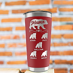 Personalized Mama Bear Tumbler, 20 or 30 oz. - 13 Colors - Names up to 5 Cubs, Custom Mom Tumbler for Mom from Daughter or Son