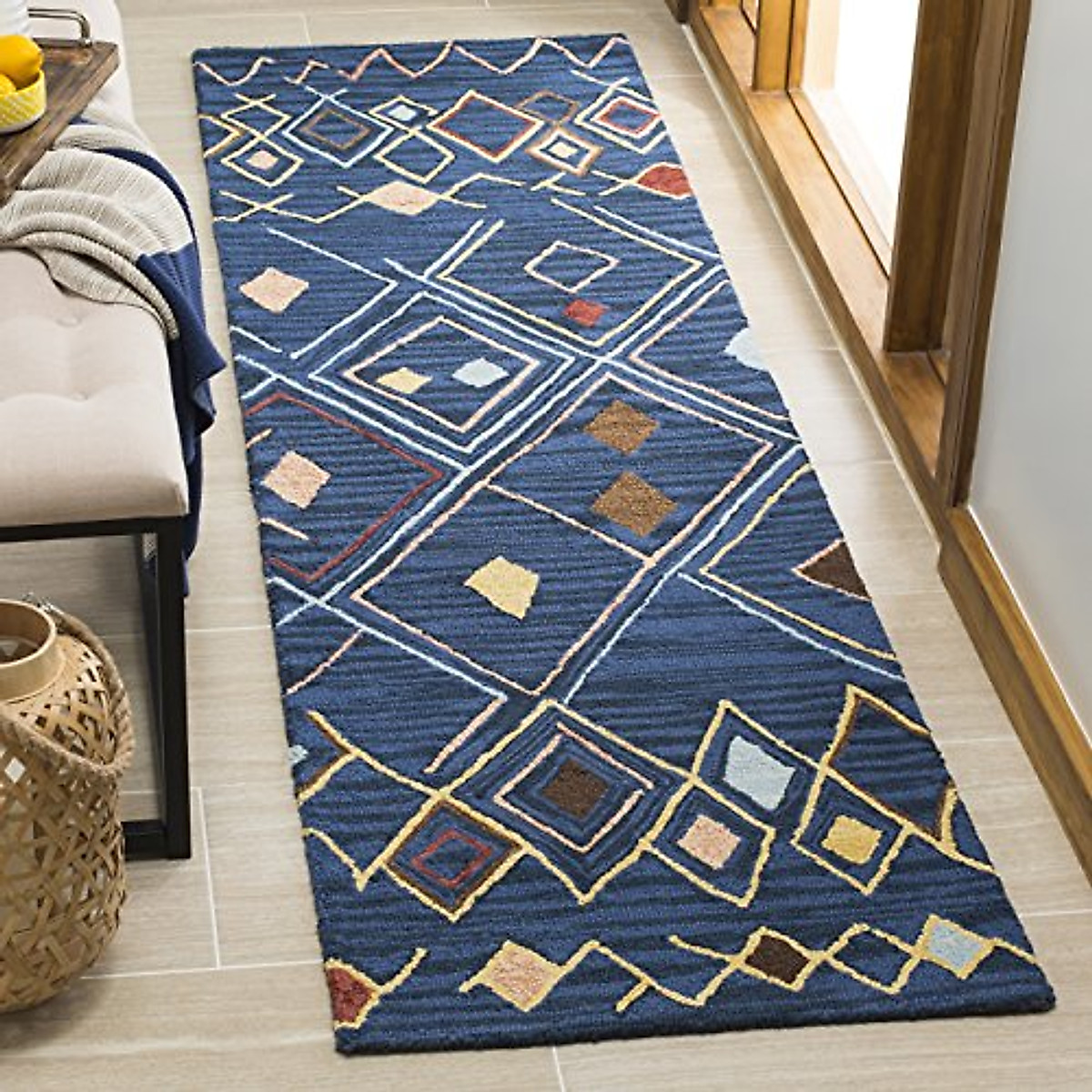 SAFAVIEH Suzani Collection Runner Rug - 2'3" x 12', Blue & Multi, Hand-Hooked Boho Wool, Ideal for High Traffic Areas in Living Room, Bedroom (SZN316A)