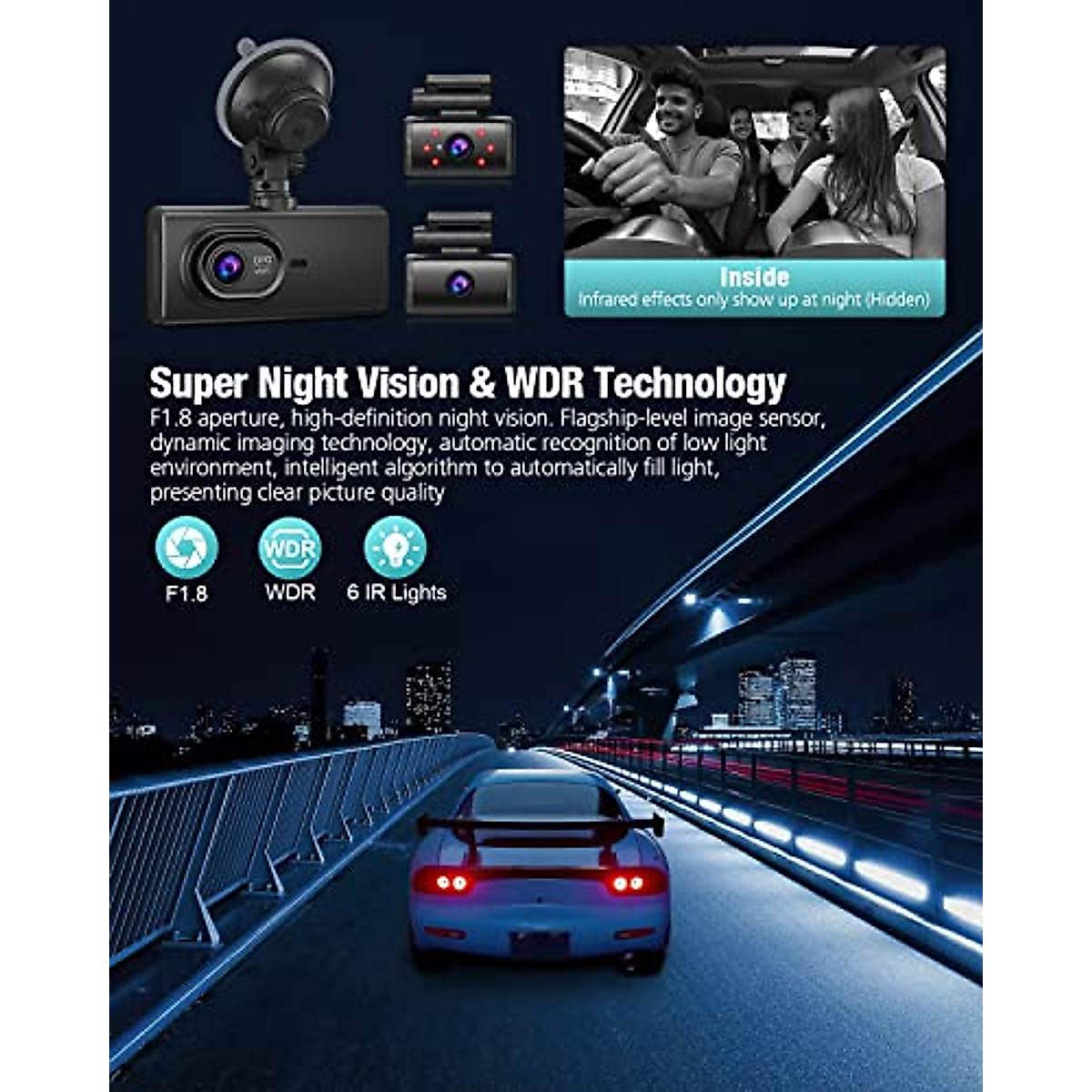 OMBAR 3 Channel Dash Cam, Built-in WiFi GPS, eMMC 64G Storage, 4K Front Dash Cam, 2K+1080P Car Camera Front and Cabin/Rear, 1080P+1080P+1080P Dashcams for Cars with 3.99" IPS Screen, IR Night Vision