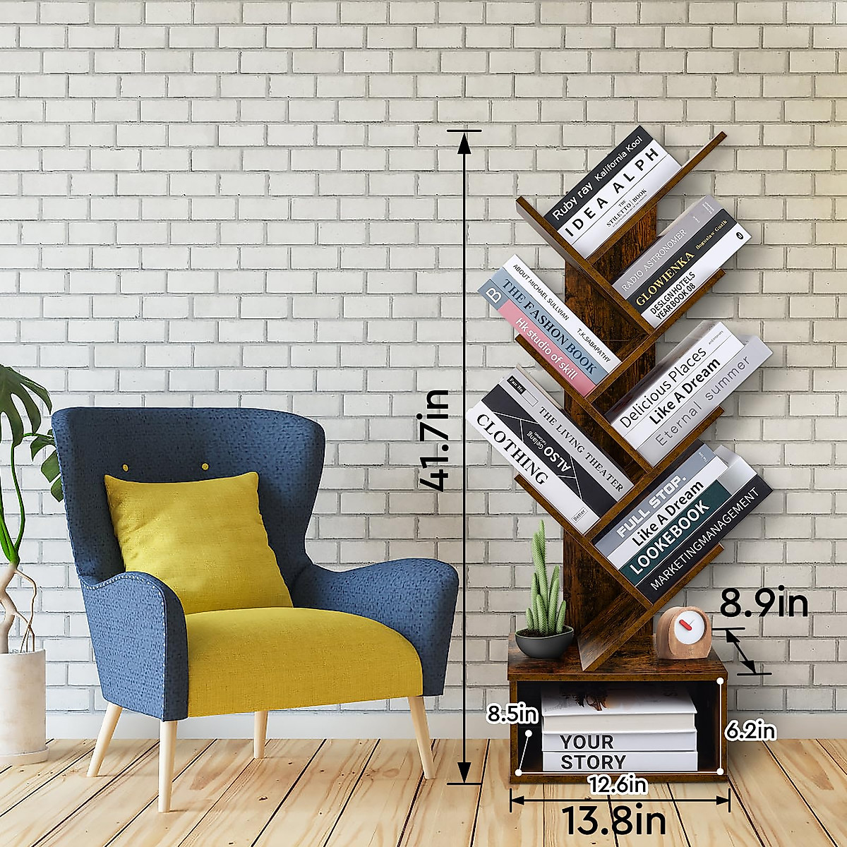 Luckyeestar 6 Tier Tree Bookshelf, Retro Floor-Standing 6 Shelf Bookcase Storage Rack, Wooden Storage Rack Modern Bookshelf, Put Books, Photo Albums, Magazines, CD（ Rustic Walnut）