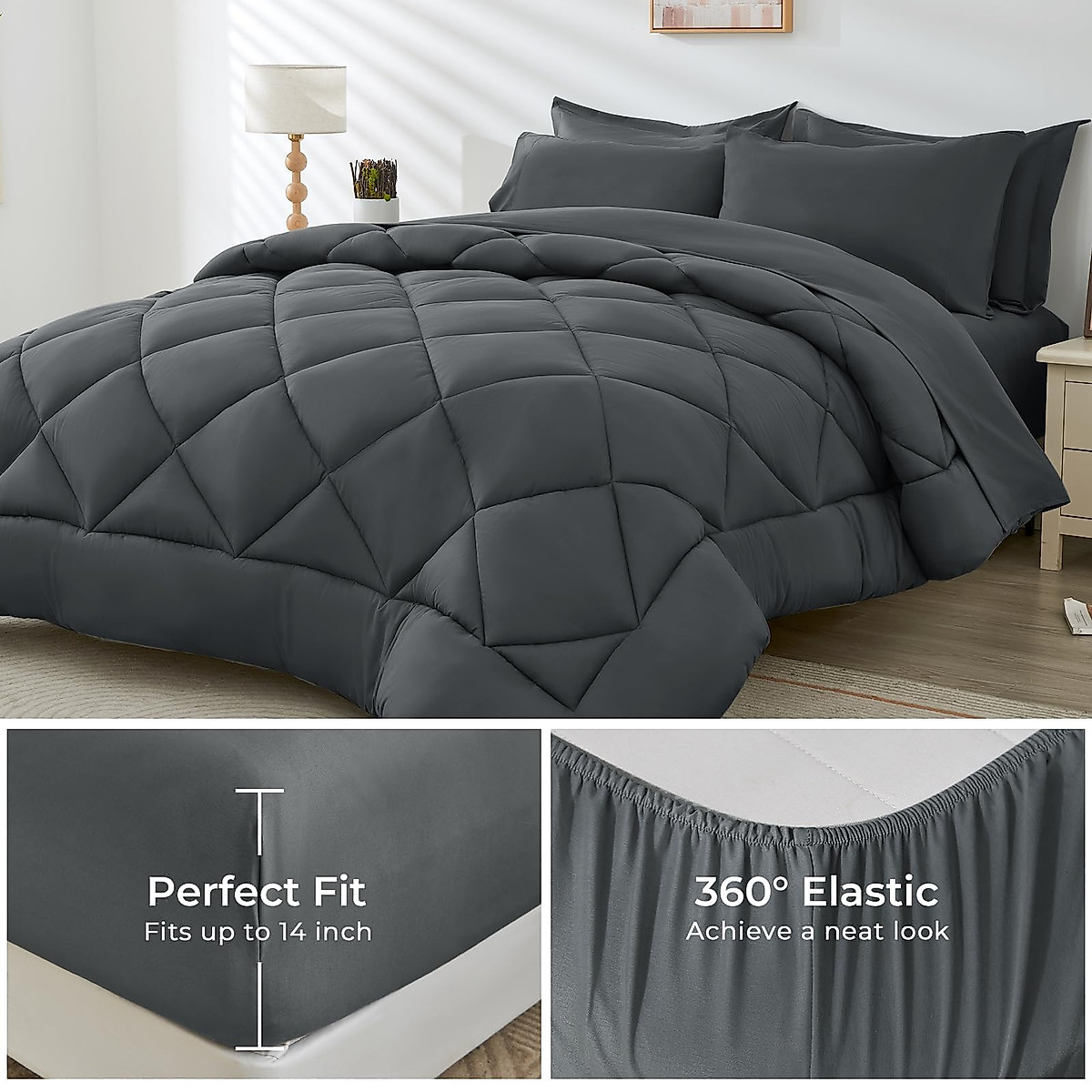 HEVUMYI Twin Comforter Set - 5-Piece All Season Bed in a Bag Twin, Ultra Soft Bedding Set with Comforter, Flat Sheet, Fitted Sheet, Pillowcases, Pillow Shams, Dark Grey