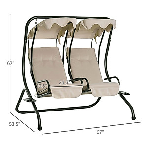 Outsunny Patio Swing Chair with 2 Separate Seats, Outdoor Swing Glider with Removable Canopy and Cup Holders, for Porch, Garden, Poolside, Backyard, Beige