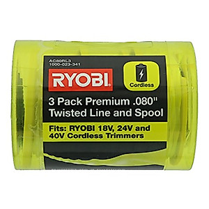 Ryobi One PLUS+ AC80RL3 OEM .080 Inch Twisted Line and Spool Replacement for Ryobi 18v, 24v, and 40v Cordless Trimmers (3 Pack)