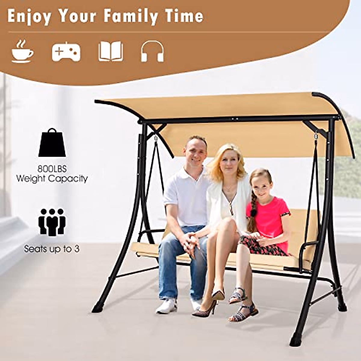 Tangkula 3 Person Porch Swing, Outdoor Swing with Removable Cushions, Solid Steel Structure, Patio Swing with Adjustable Canopy for Garden, Backyard, Balcony, Poolside