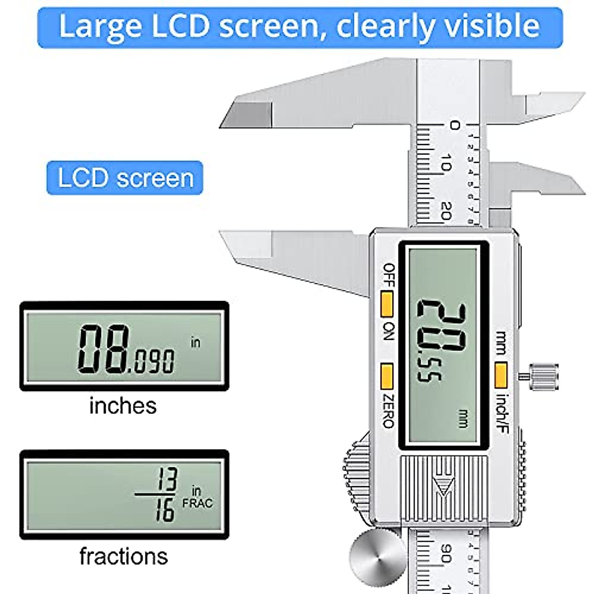 CAMWAY Digital Caliper 6Inch + Feeler Gauge Stainless Steel Electronic Vernier Caliper 150mm, Fractions/Inch/Metric Measuring Tool for Length Width Depth Inner Diameter Outer Diameter