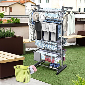 5 Tier Clothes Drying Rack Oversized, Foldable& Adjustable Height Rolling Clothes Rack Stainless Steel with 4 Castor, 32 Drying Poles,14 Hook& 4 Sock Clippers, Drying Rack Clothing for Indoor& Outdoor