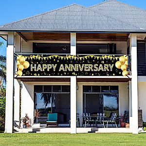 Wedding Anniversary Banner Decorations, Large Happy Anniversary Yard Sign Party Supplies Decor, Black Gold Outdoor 16th/21st/30th/40th Anniversary Decorations Photo Booth Props(9.8 X 1.6ft)
