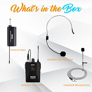 Pyle UHF Wireless Microphone System Kit - Portable Professional Cordless Microphone Set with Headset, Lavalier, Beltpack Transmitter, Receiver - Karaoke & Conference