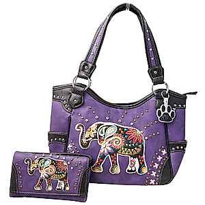 HW Collection Large Elephant Purse Women Embroidered Western Handbag and Wallet Set (Purple)