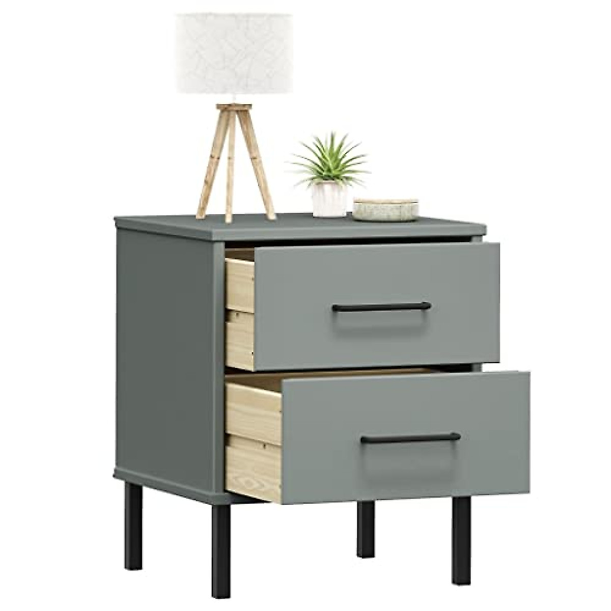 GOLINPEILO Wooden Bedside Cabinet with Metal Legs and 2 Drawers, Solid Wood NightStand End Side Table for Home Office, Gray 15.7"x13.8"x19.1"(B)