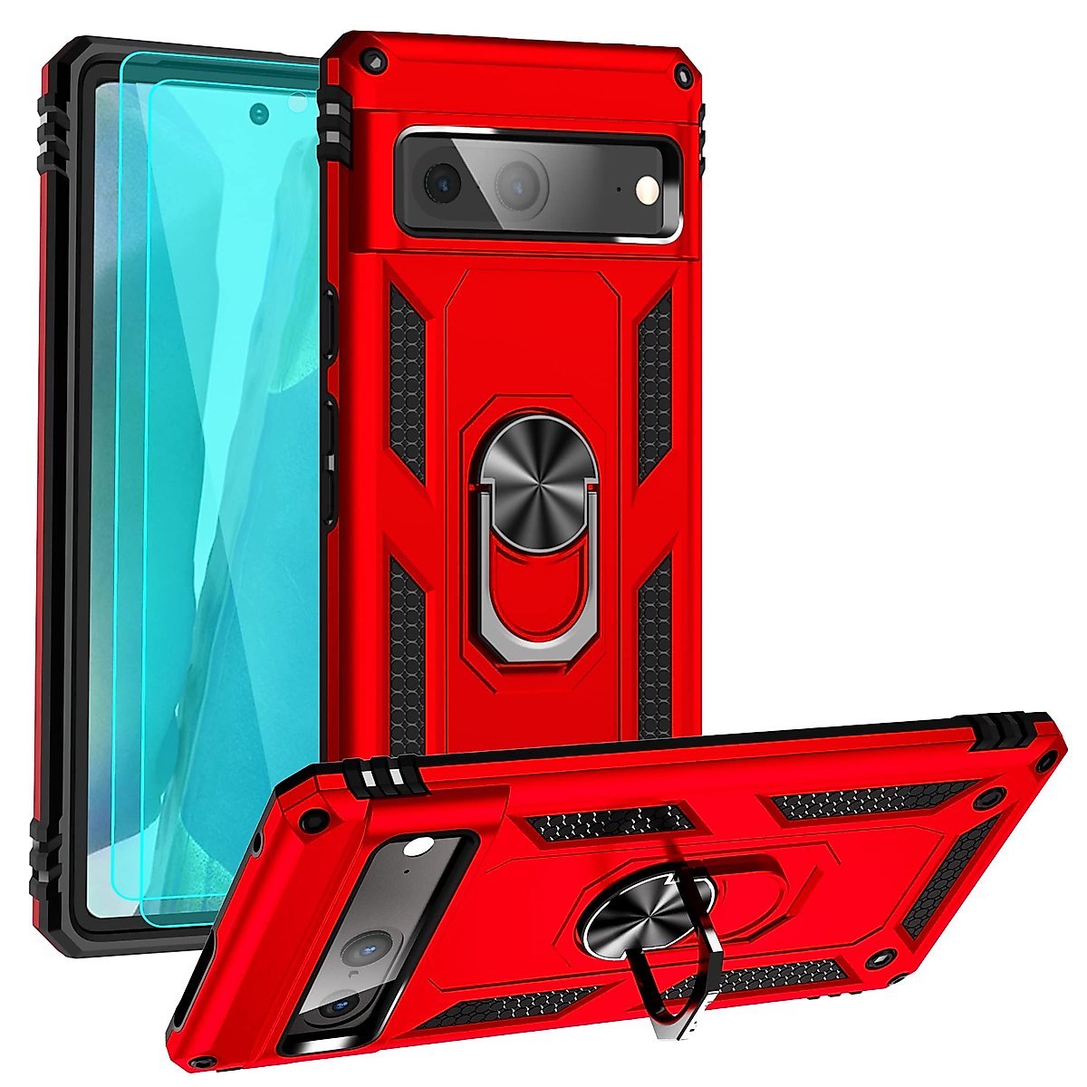 SunRemex for Google Pixel 7 Case with HD Screen Protector [2 Packs], [Not for Google Pixel 7 Pro ], Magnetic Ring Holder Kickstand,[Military Grade] Phone Case for Google Pixel 7 2022 (Red)
