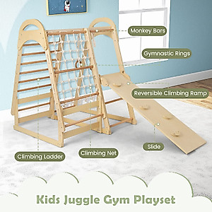 Costzon Indoor Jungle Gym, 7-in-1 Montessori Climbing Toys for Toddlers with Slide, Climbing Net, Gymnastic Rings, Indoor Wooden Playground Climber Playset for Kids 3+ Years Birthday