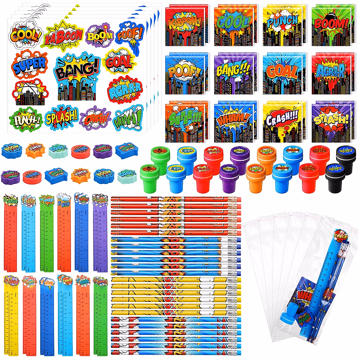 Cholemy 168 Pcs Hero Party Favor Set Include Hero Birthday Mini Notebook Hero Theme Sticker Pencil Stamper Ruler Eraser for Hero Themed Celebration Gifts Classroom Rewards Favor Party Supplies