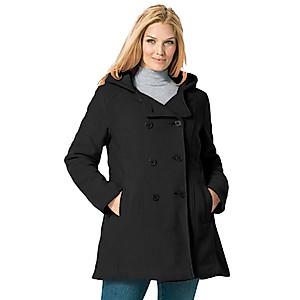 Woman Within Women's Plus Size Double-Breasted Hooded Fleece Peacoat - 22 W, Black