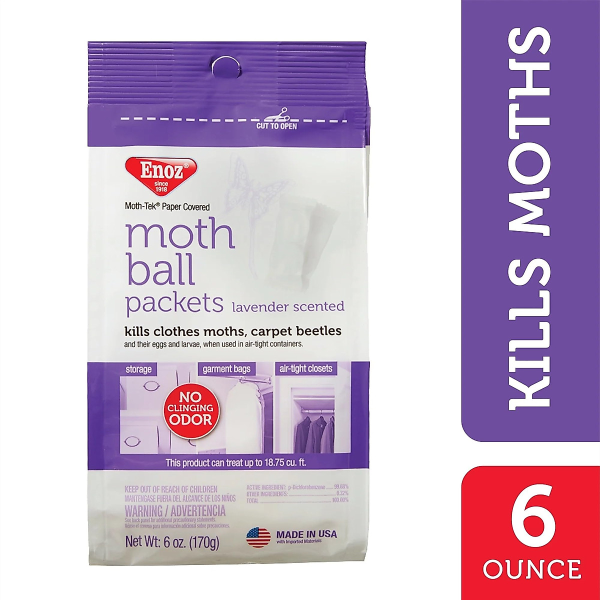 Enoz Moth-Tek Packets, Kills Clothes Moths and Carpet Beetles, Resealable Bag, Single Use Packets, Lavender Scent, 6 oz