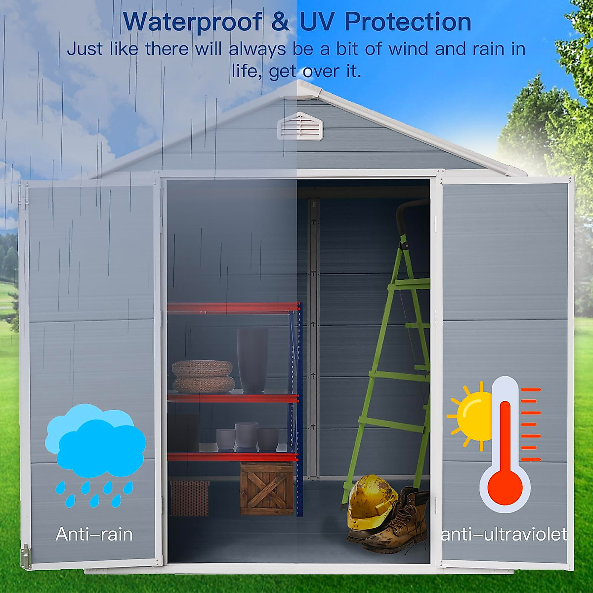 Homtique Outdoor Storage Shed, 8 x 6 FT Resin Shed with Lockable Double Door, Utility and Tool Storage Shed for Garden, Backyard, Patio, Outside Use, Grey