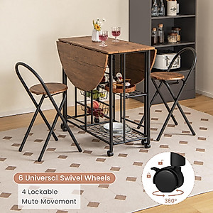 Giantex 3PCS Counter Height Table Set, Drop Leaf Dining Table & 2 Foldable Stools, Folding Table with Storage & 6 Wheels, Industrial Space Saving Bar Set for Kitchen Dining Room