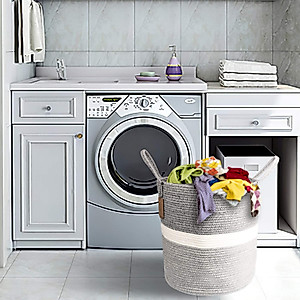 Laundry Hamper with Handles FULOOPHI Cotton Rope Woven Basket for Delicates Large Mesh Clothes Hamper for Washing Machine Pillows Towels Socks Shoes Kids Toys Trainers Travel Bedrooms Light Grey