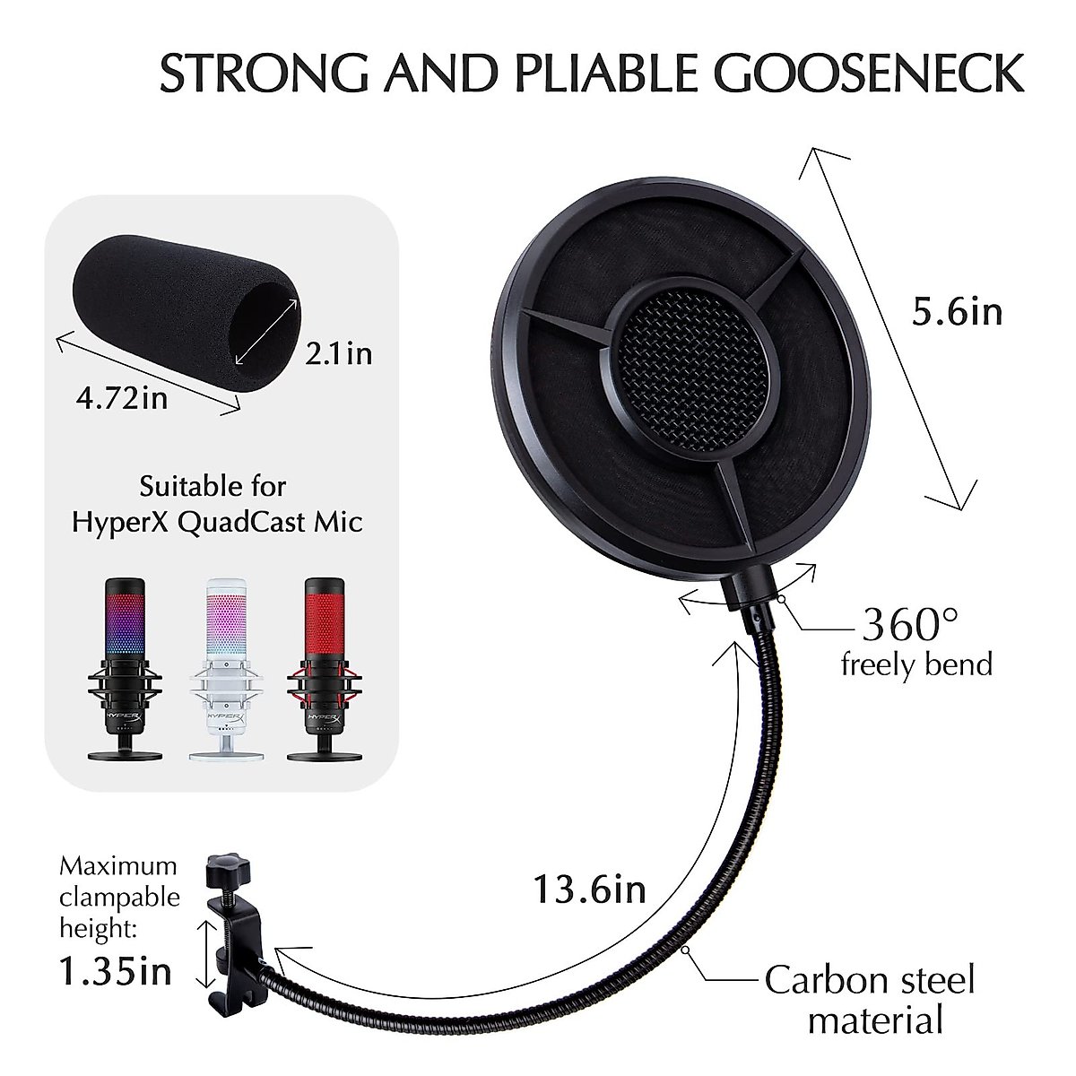 SUNMON Mic Pop Filter with Windsrceen Foam Cover,Compatible with HyperX QuadCast,6 Layered Wind Pop Screen with Flexible 360° Gooseneck Clip Stabilizing Arm for Improve sound quality,Noise reduction
