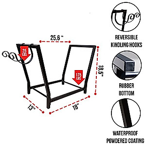 FireProof Pros Firewood Rack Outdoor and Indoor Firewood Storage with Kindling Wood Hooks. 25.6in Double Coated Fire Wood Rack. Waterproof Rustproof Stable Log Holder and Fireplace Decor Organizer