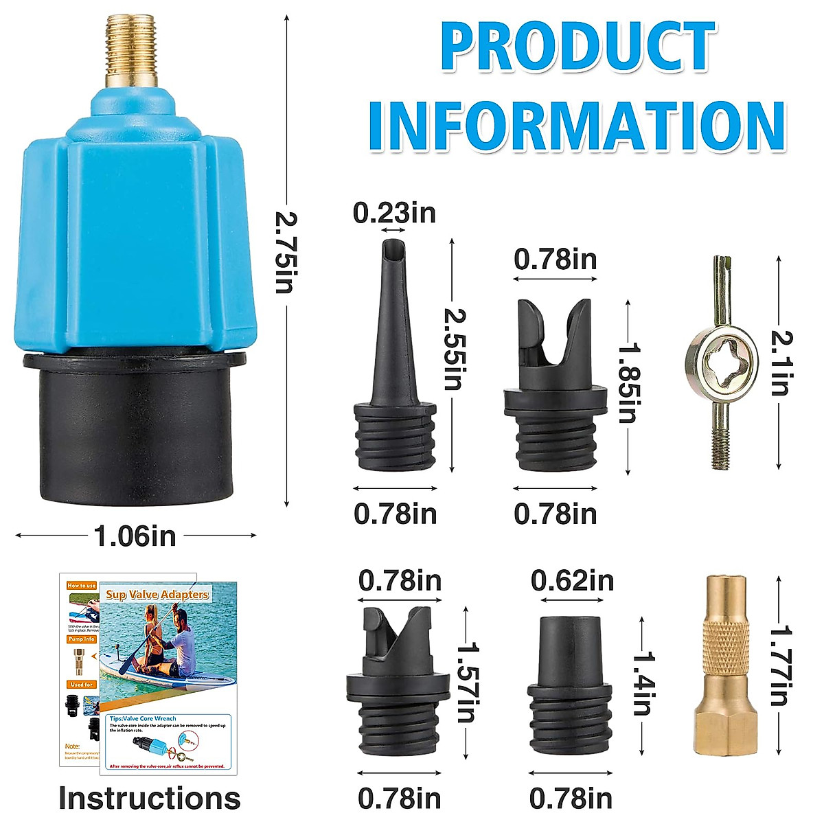 Inflatable SUP Pump Valve Adapter Set- Standard Air Valve Adapter and Nozzle Air Pump Converter for Kayaking Surfboard Inflatable Bed