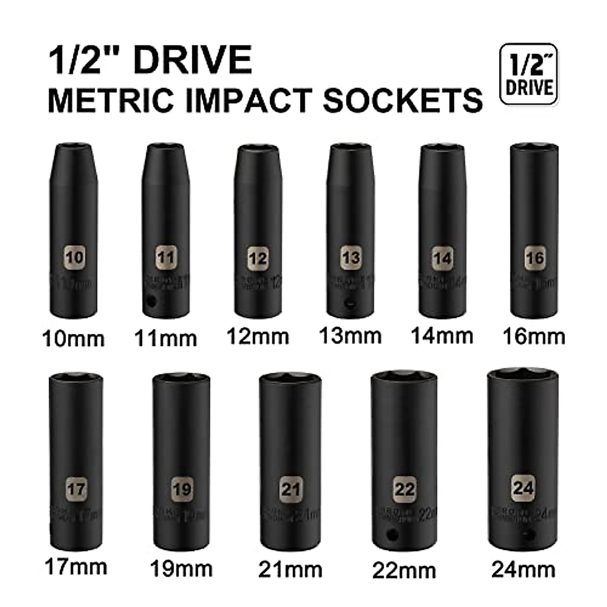 Mayouko 1/2" Drive Deep Metric Impact Socket Set, CR-V, 6 Point, 11 Pieces, 10mm to 24mm