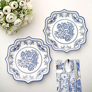 Tableclothsfactory 25 Pack | 8" White/Blue Chinoiserie Floral Print Paper Dessert Plates with Scalloped Rims, Disposable Salad Appetizer Plates - 300 GSM