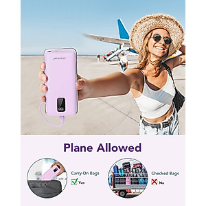 Charmast Portable Charger with Built-in Cables and AC Wall Plug, 10000mAh Ultra Slim Power Bank, External Battery Pack, Travel Accessories Compatible with iPhone 14/13, Samsung Galaxy, etc