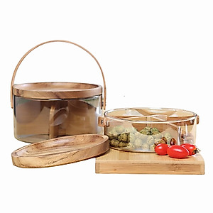 Funnyroom Clear Glass Fruit Serving Bowl, Nuts Dry Fruit Snack Tray with Wood Divider and Lid, Berry Vegetables Basket with Handle for Kitchen Fridge Storage Containers (Glass Basket-Large)