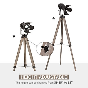 HOMCOM Industrial Style Tripod Floor Lamp, Vintage Spotlight Reading Lamp with Wooden Metal Legs, Wood and Black