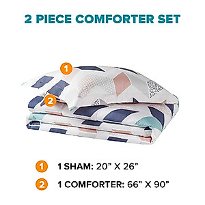 Comfort Spaces Kylar Cozy Comforter Set, Vibrant Chevron Ruching Design with Solid Reverse, All Season Down Alternative Bedding with Matching Sham, Twin/Twin XL (66 in x 90 in), Multi/Blush 2 Piece