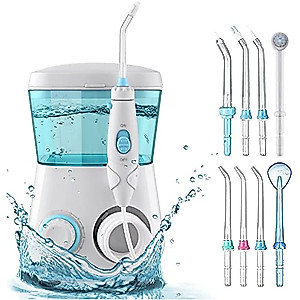 Dental Water Flosser, Oral Irrigator, 10 Adjustable Pressure Teeth Cleaner, 8 Interchangeable Jet Tips, 600 ML Capacity for Tooth Cleaning, Waterproof Leakproof Family(White) 9 Piece Set