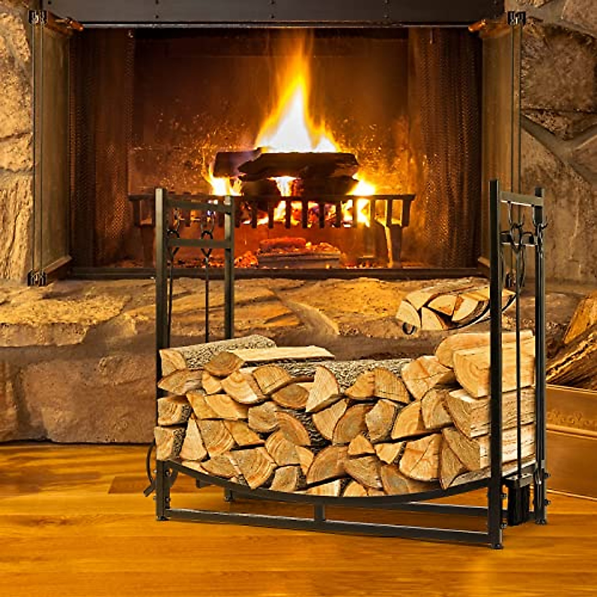 WBHome 3FT Heavy Duty Indoor Outdoor Firewood Storage Log Rack with 4 Tools - Includes Brush, Shovel, Poker, and Tongs