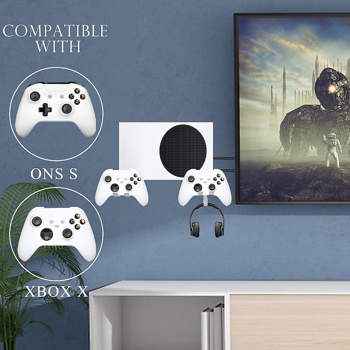Wabracket Wall Mount Holder Bundle for XBOX Series S/One S/Xbox Series X, Double Controller Bracket with Charging Hole & Earphone Wall Mount, Space Saving Design with Charging Cable(White)