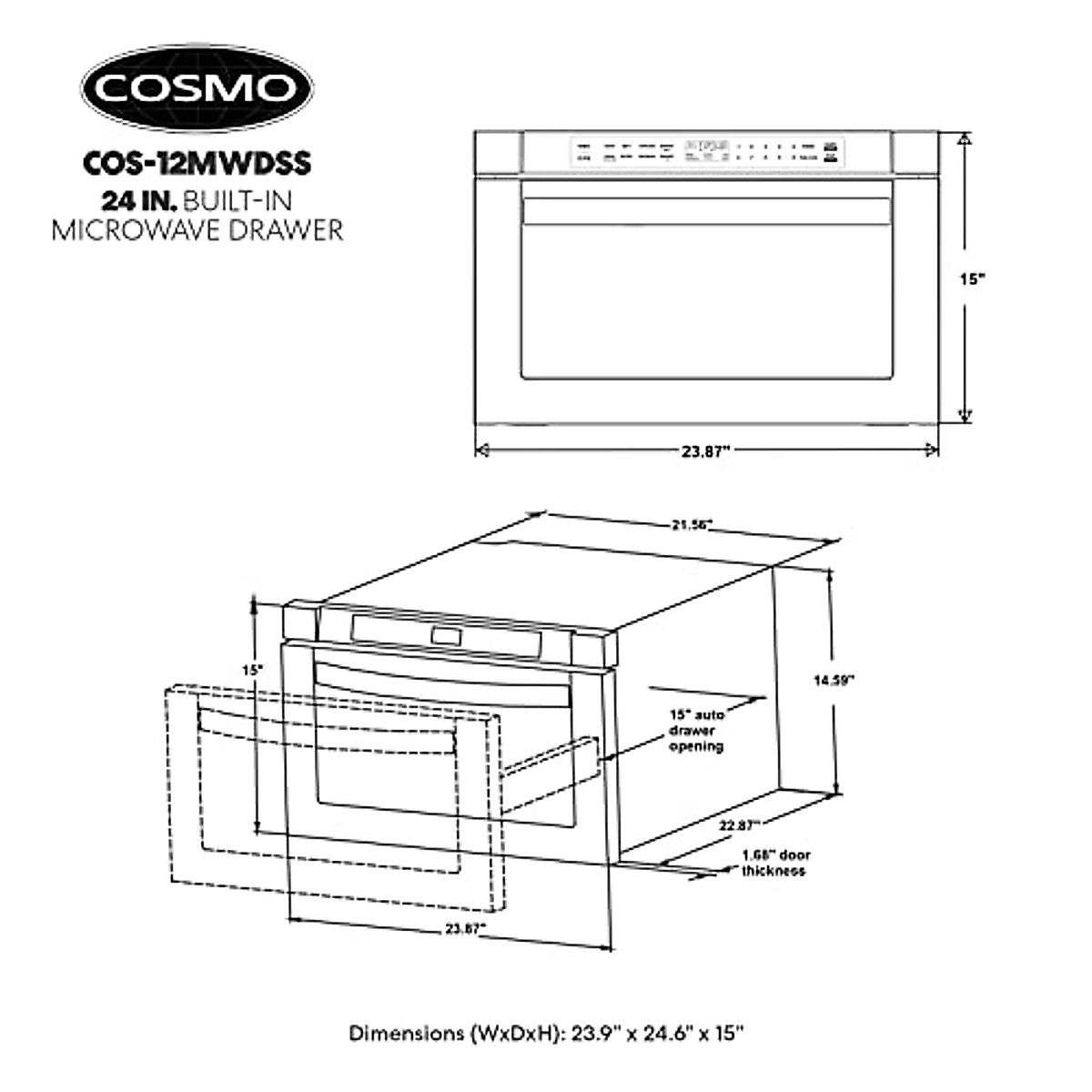 COSMO COS-12MWDSS 24 in. Built-in Microwave Drawer with Automatic Presets, Touch Controls, Defrosting Rack and 1.2 cu. ft. Capacity in Stainless Steel