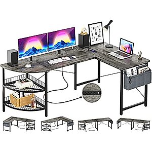 Unikito L Shaped Desk with Power Outlet, 98.4" Reversible Corner Computer Table with Storage Shelves and Bag, Modern 2 Person Large Long Desk for Home Office Writing Study Workstation, Black Oak