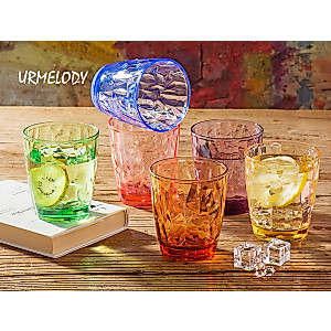 Urmelody 11oz Colored Drinking Glasses Set Acrylic Glassware for Kids Plastic Tumblers Cups Picnic Water Glasses Unbreakable Juice Drinkware for Camping Restaurant Beach BPA Free