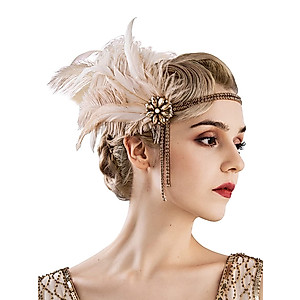 SWEETV 1920s Headpiece Flapper Headband, Rhinestone Pearl Feather Hair Band Great Gatsby Headpiece Accessoreis for Women,Champagne