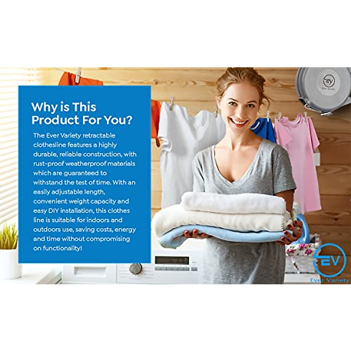 Ever Variety Retractable Clothesline Indoor and Outdoor Cord 49 Feet, Heavy Duty 30lbs Weight Capacity Clothes Line Retracting Indoor, Space Saving and Easy Installation Laundry Extendable Clothesline