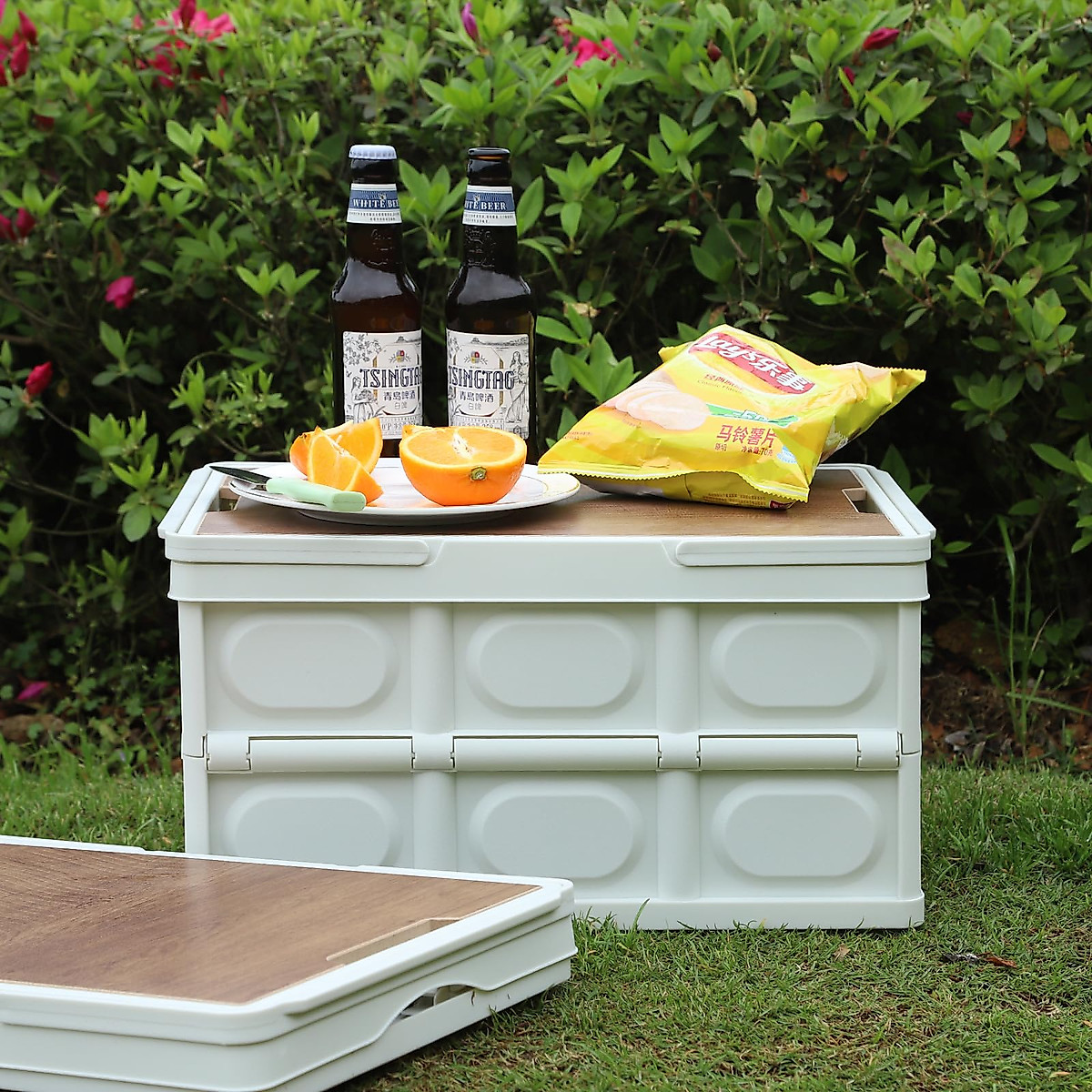 CAIHECAI Camping Storage Box with Lids Collapsible and Stackable with Table Top For Camping,Home,Office,closet,Garage,Totes,Trunk(White)