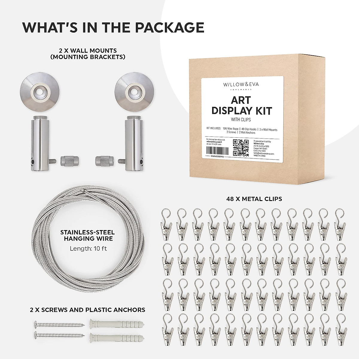 Art Display for Kids Artwork - 10ft Alloy Steel Wire with 48 Clips | Willow & Eva