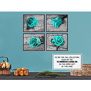 Light Blue Turquoise Floral Flowers Rose Wall Art Set, Home Decor - Poster, Print - Mothers Day, Anniversary Gift for Women - Shabby Chic, Rustic, Farmhouse Room Decorations for Living Room, Bedroom