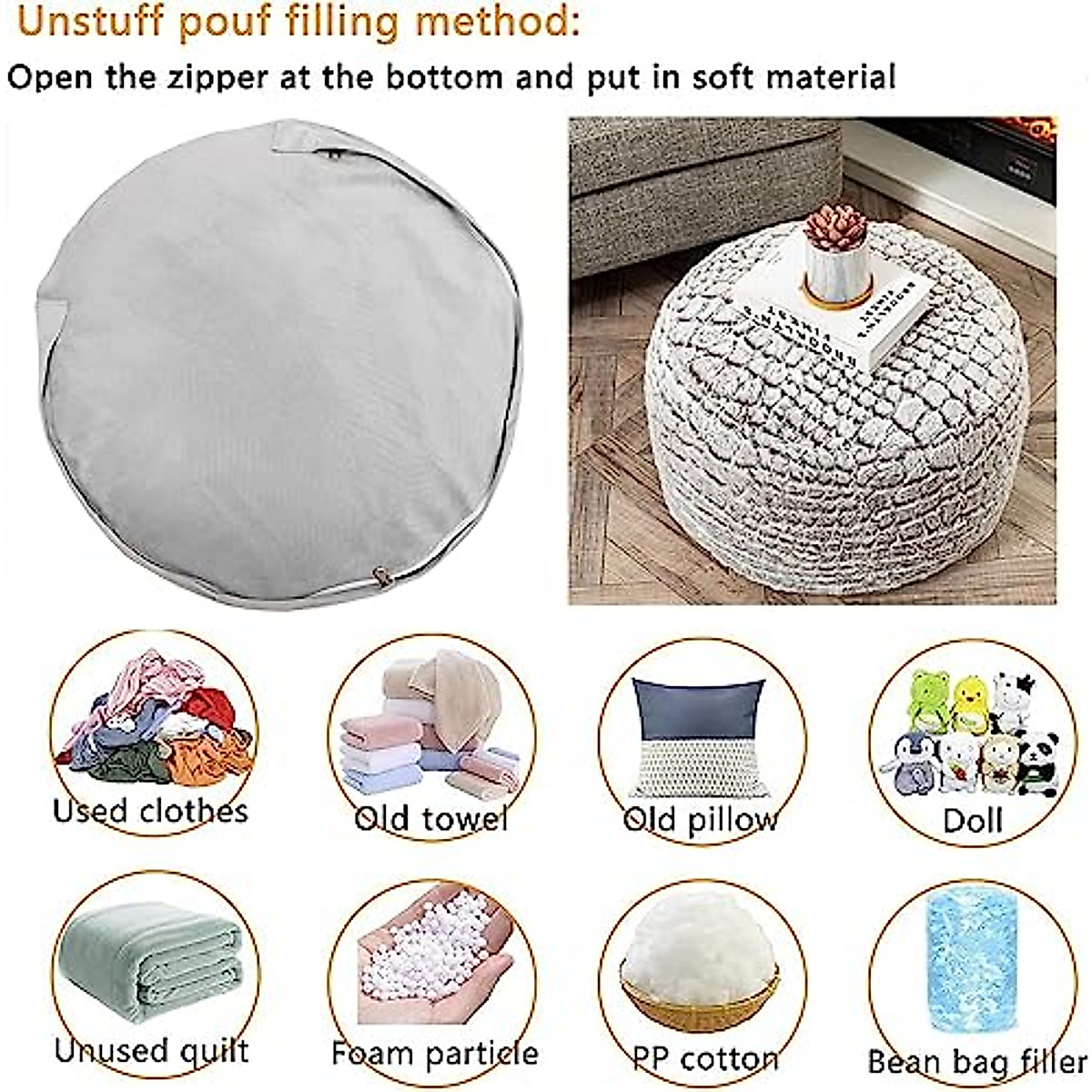 Unstuffed Ottoman Pouf Cover,Faux Fur Foot Stool, 20x12 Inches Fuzzy Chair, Round Ottoman Seat(NO Filler), Floor Bean Bag Chair,Foot Rest with Storage for Living Room, Bedroom Cover ONLY Coffee White