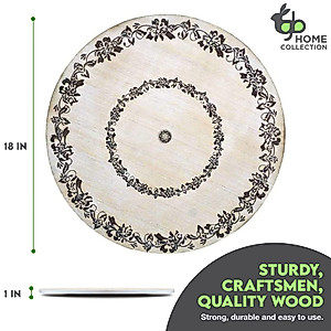 Lazy Susan Organizer Turntable, Low Profile 18” Round Beautiful White Washed Wood with Engraved Artistic Design – Great Gift for Dinner Table, Kitchen